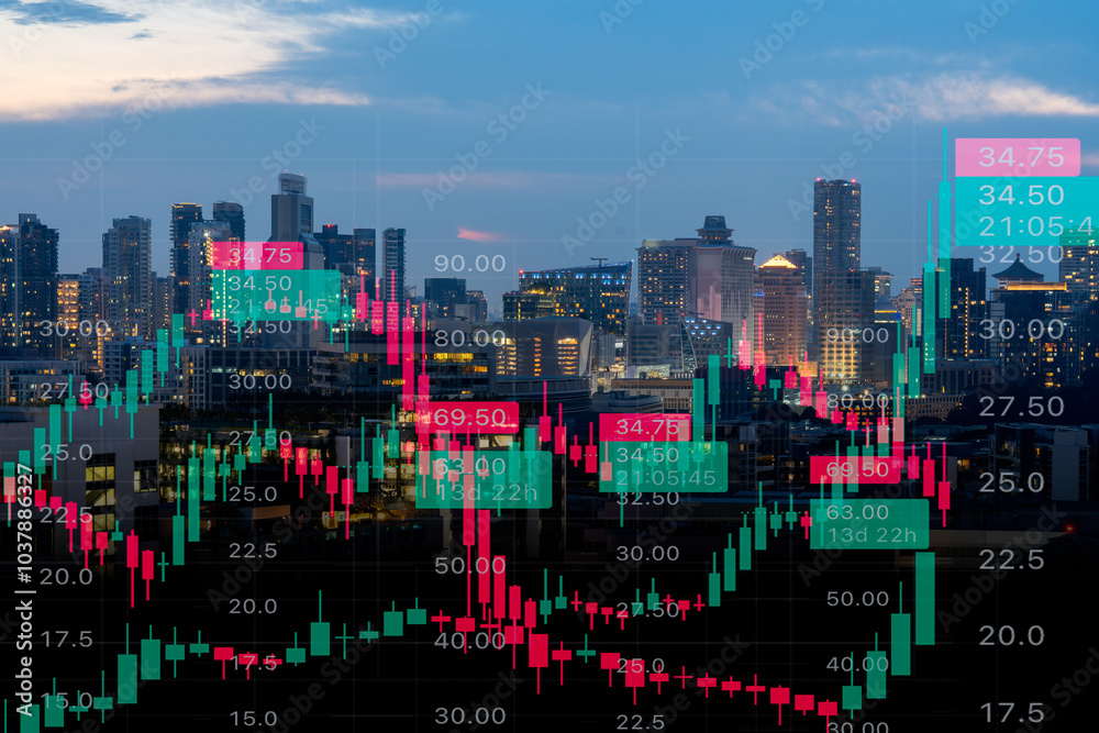 Double exposure, Chart of stock exchange and Singapore city financial ...