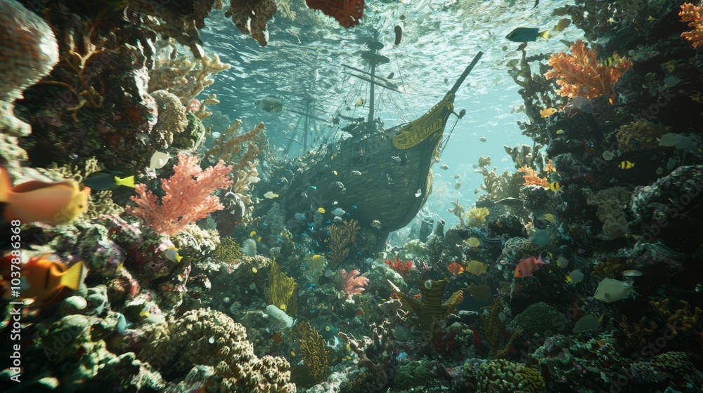 Treasures of the Deep: Sunken Pirate Ship on Vibrant Coral Reef with ...