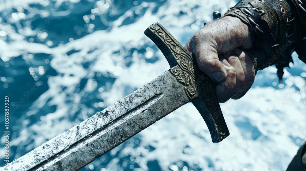 Pirate's Hand Gripping Weathered Sword with Intricate Blade Details ...