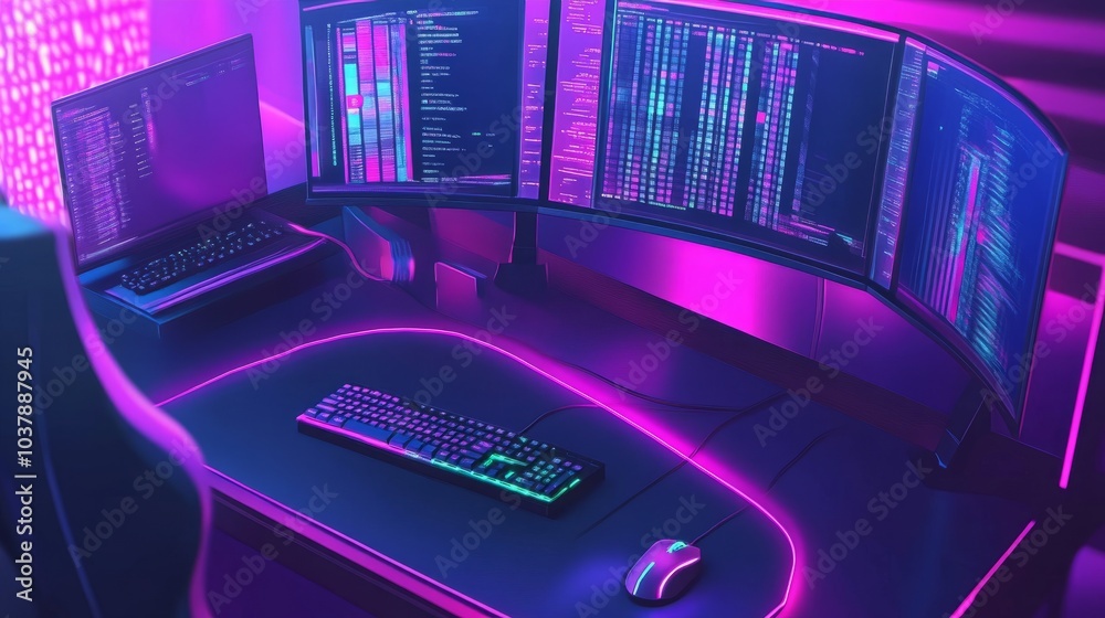 Generative AI illustration of a sleek gaming station with ultrawide ...