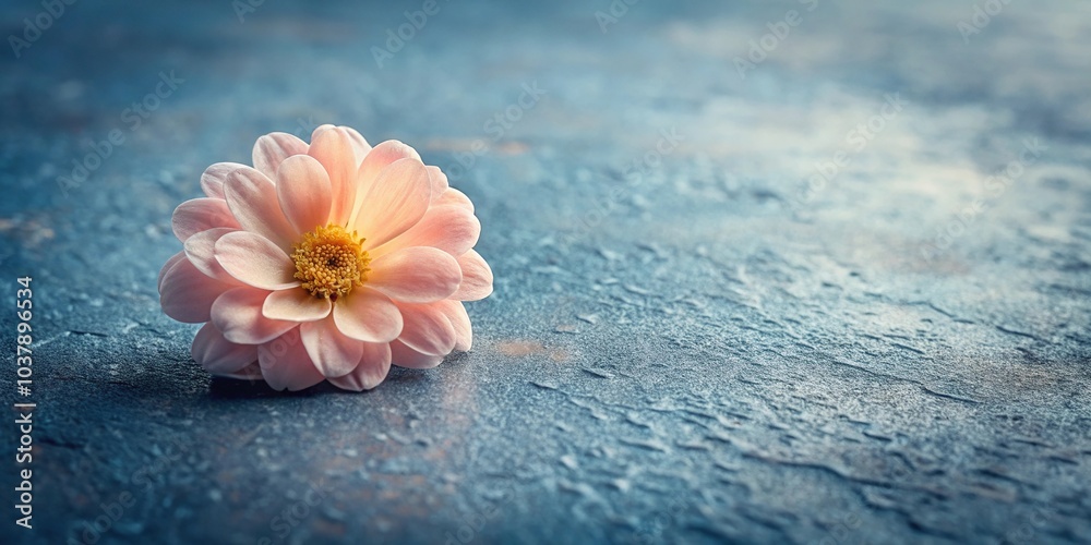 Forced perspective pink flower yellow center on grey surface Stock ...