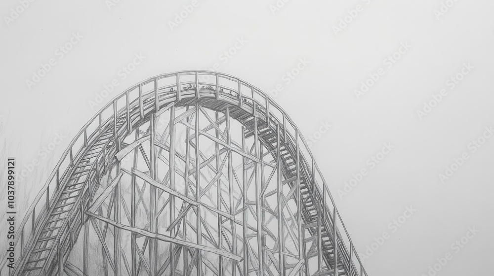 Pencil drawing of a roller coaster track rising steeply into the sky ...
