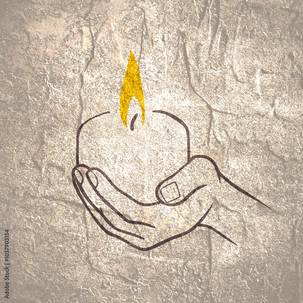 Thin line drawing of hand holding candle. Symbol of prayer and church ...