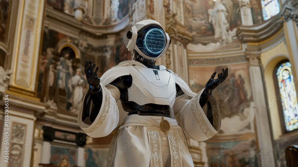 AI robot dressed in religious vestments preaching in an ornate church ...