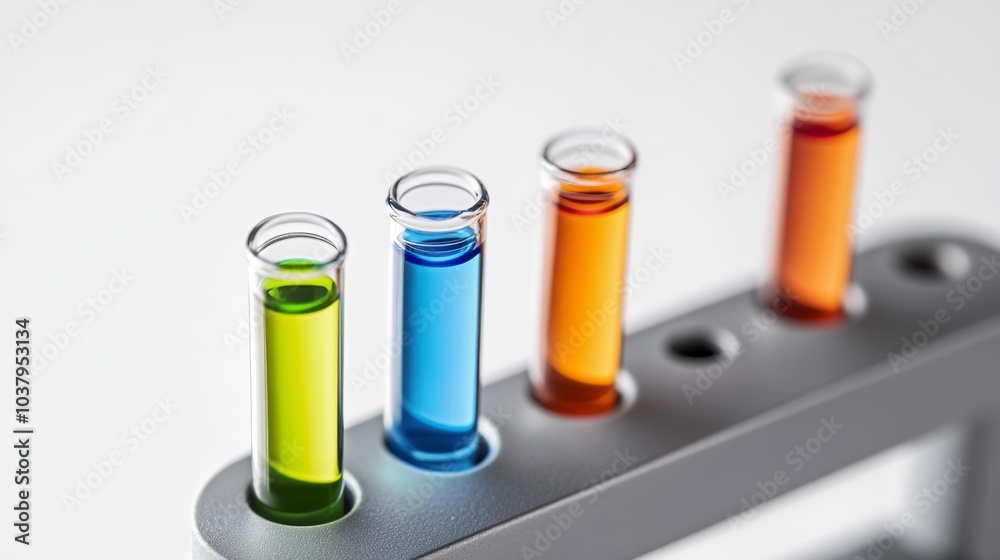 Four test tubes with colorful liquids in a laboratory setup on a white ...