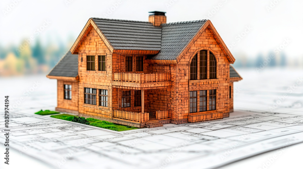 Realistic model of a brick house over detailed architectural blueprints ...