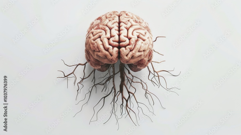 a human brain, with roots anchoring into the earth and branches ...