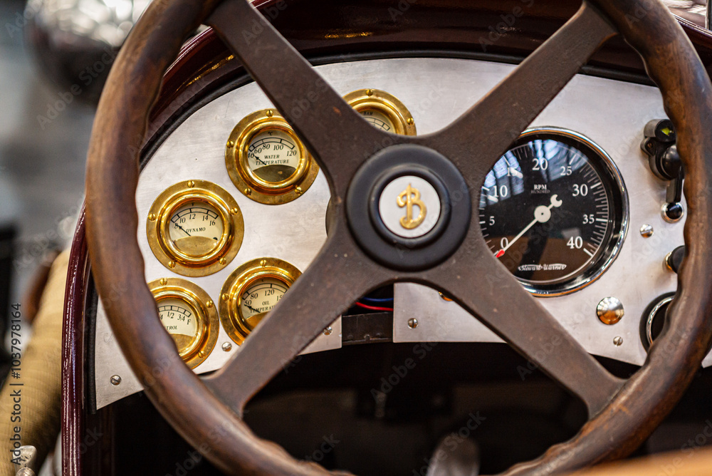 cockpit, steering wheel of a vintage bentley race car shown at the ...