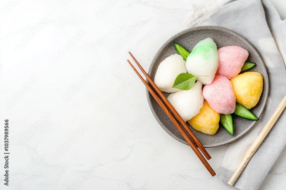 Colorful Mochi with Spring Vegetables and Chopsticks on White Marble ...