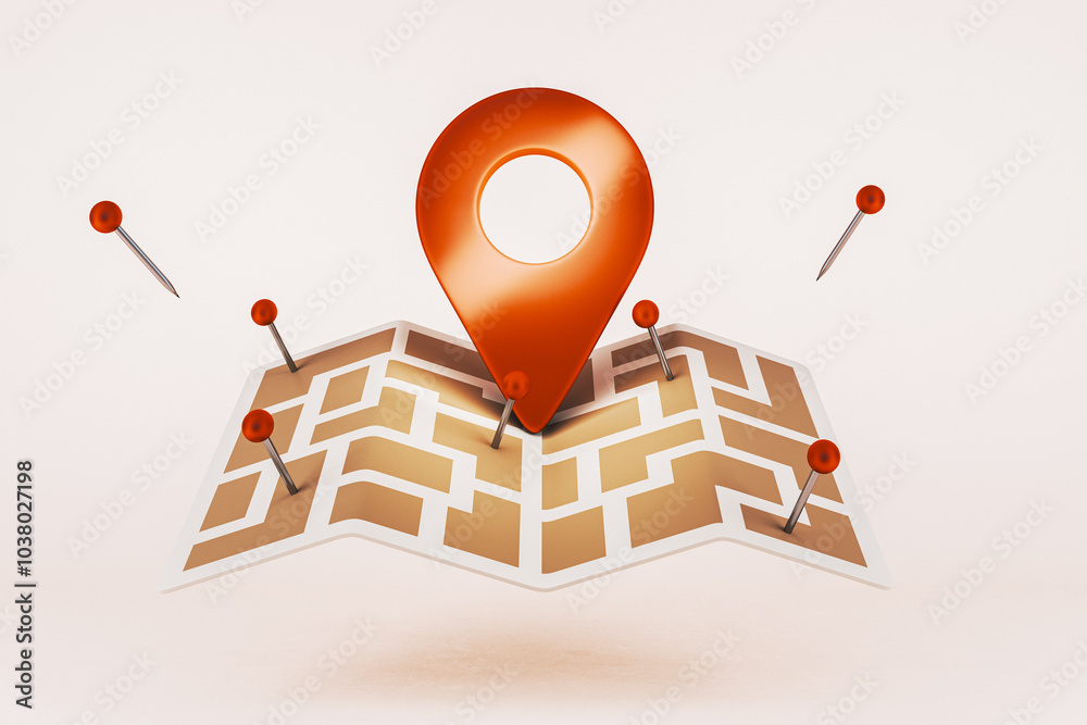 Orange location pin on abstract map with pins on light background. 3D ...