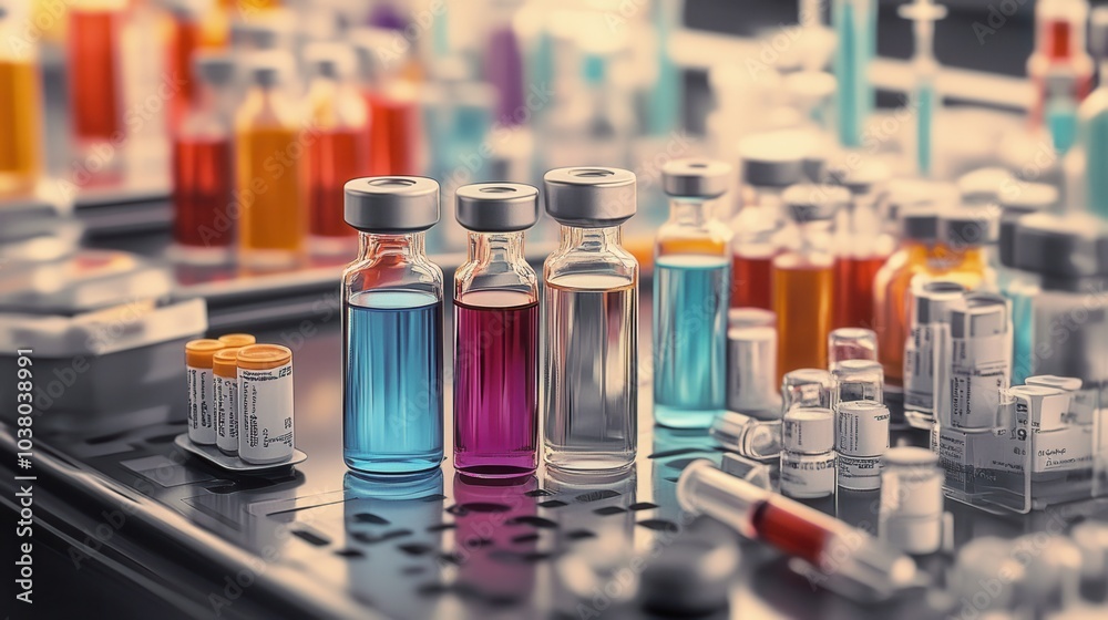 Colorful vaccines and medicines on a laboratory table with glass vials ...