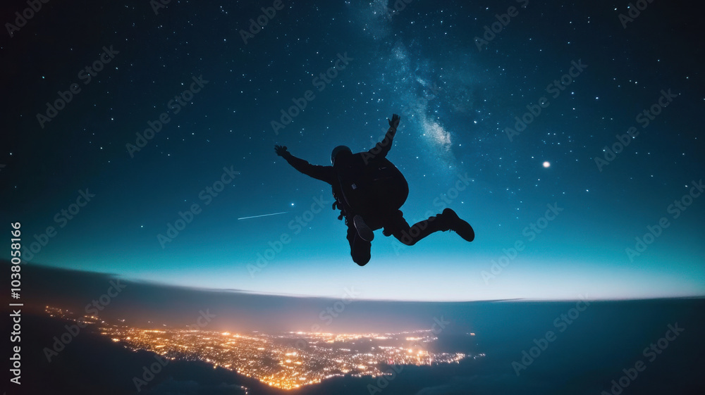 breathtaking night time skydive captures silhouette against starry sky ...