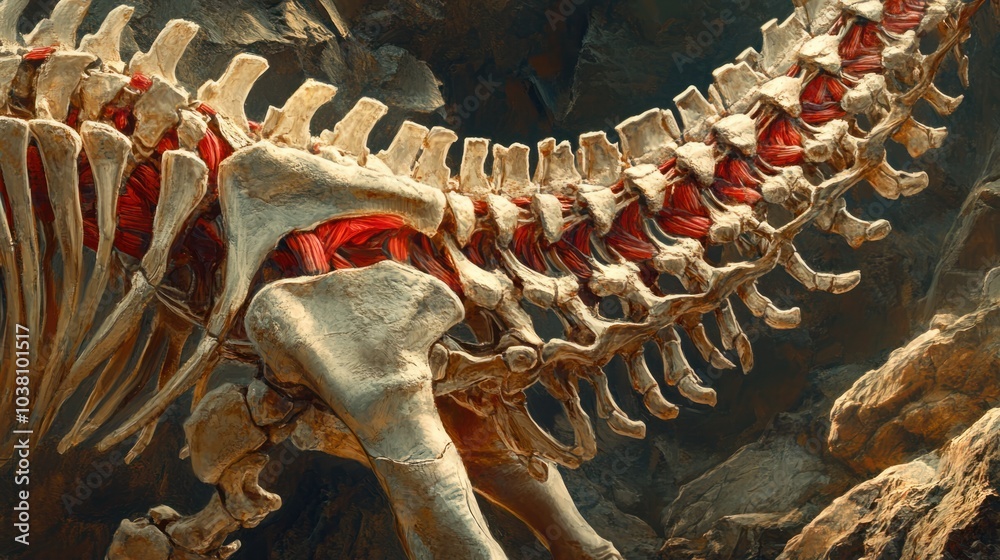 Detailed anatomy of a dinosaur's tail muscles and vertebrae, showing ...