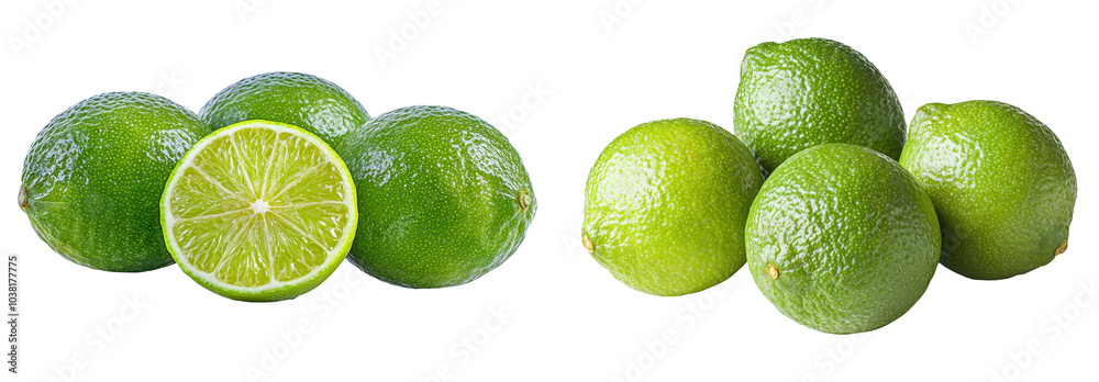 Fresh limes displayed on a white background, with one lime cut in half ...
