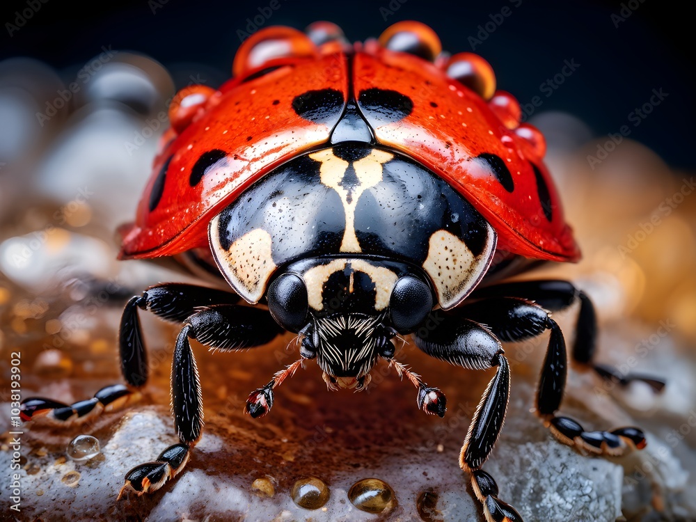 macro of a ladybug (Coccinella septempunctata), revealing the fine ...