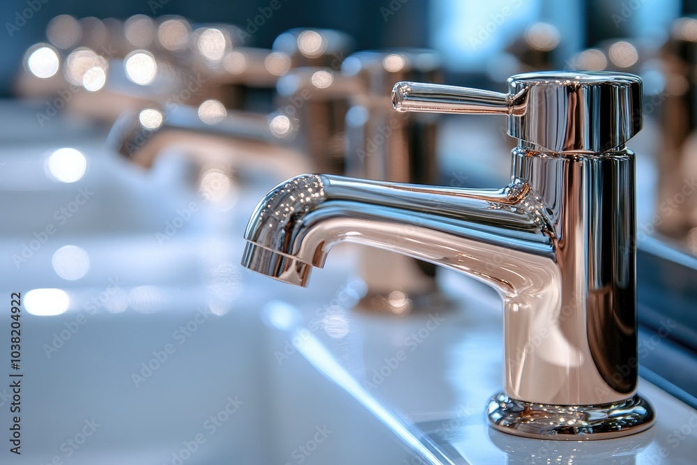 Row of modern chrome water taps is running in a public bathroom Stock ...