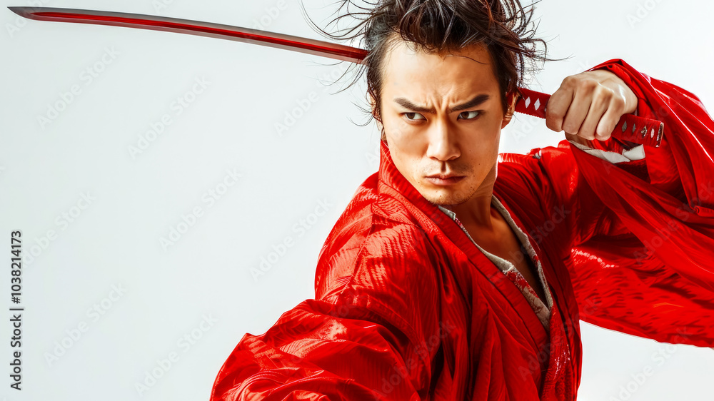 Handsome young samurai in red clothes, performing a quick sword strike ...