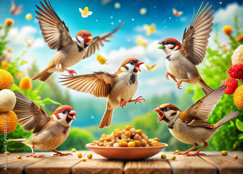 Cute Cartoon Sparrows Flying, Funny Brown Birds Chirping, Whimsical ...