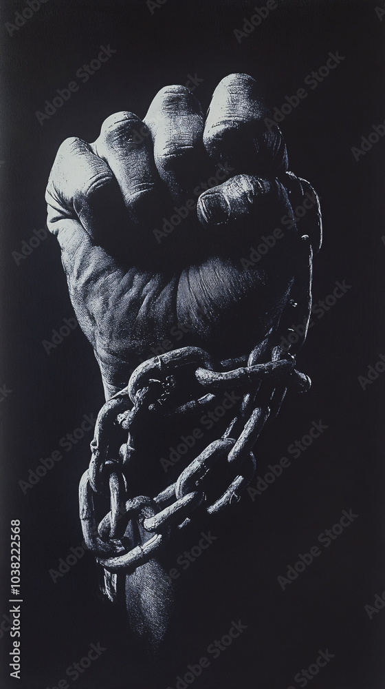 Clenched fist tightly bound in metal chains, symbolizing struggle and ...