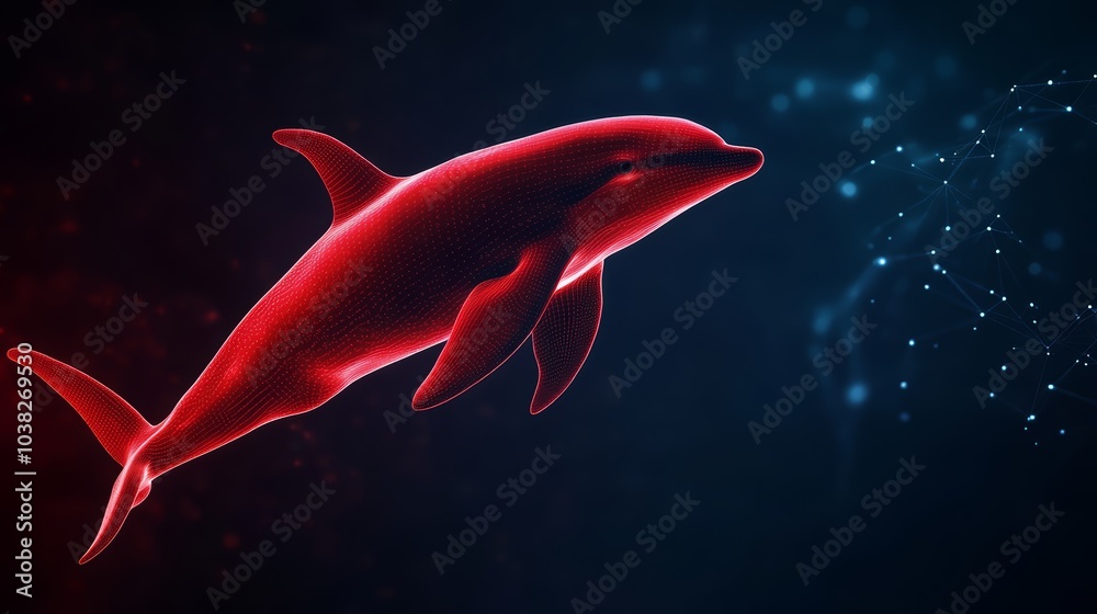 Red dolphin swimming through a digital ocean with glowing elements ...