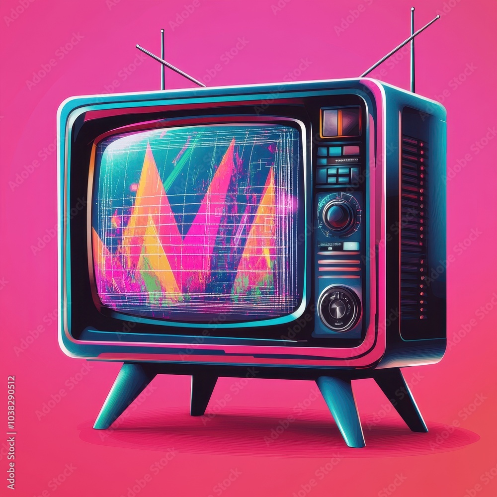 Retro TV set with static, displaying vibrant modern graphics and AI ...