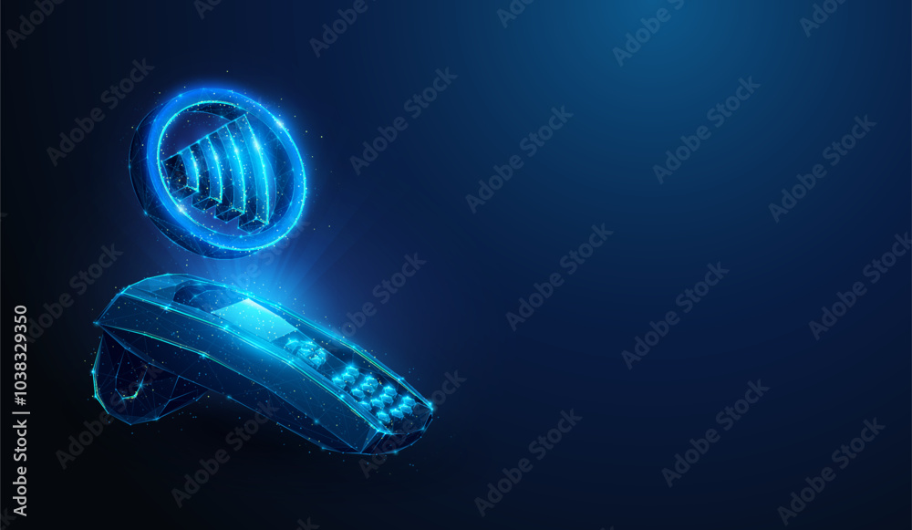 Abstract illustration of low poly contactless payment sign over pos ...