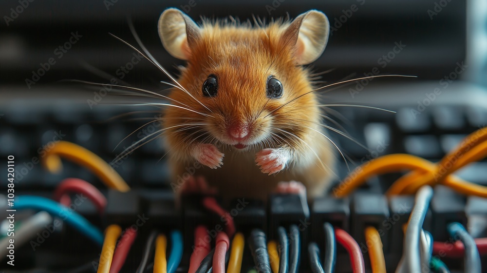 Ilustración de Stock Mouse biting through multiple tangled cables near ...