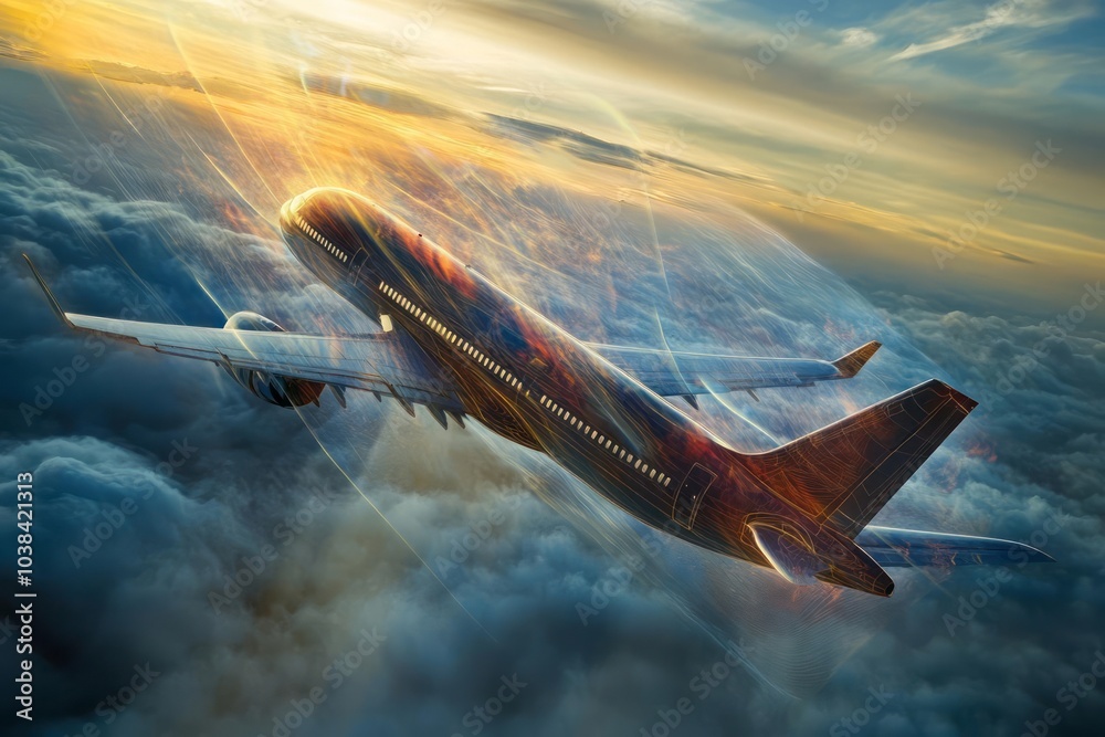 An aircraft in flight, enhanced with illustrative overlays of ...