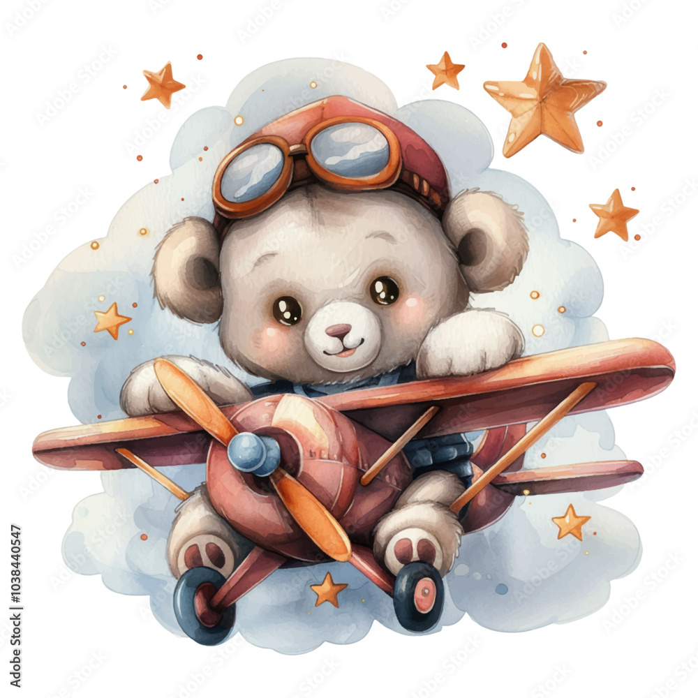 Cute baby shower watercolour with teddy bear pilot on an airplane Stock ...