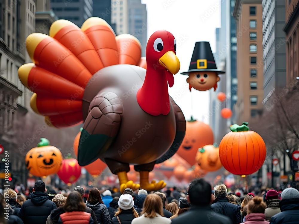 Giant turkey balloon leads the Thanksgiving parade through city streets ...