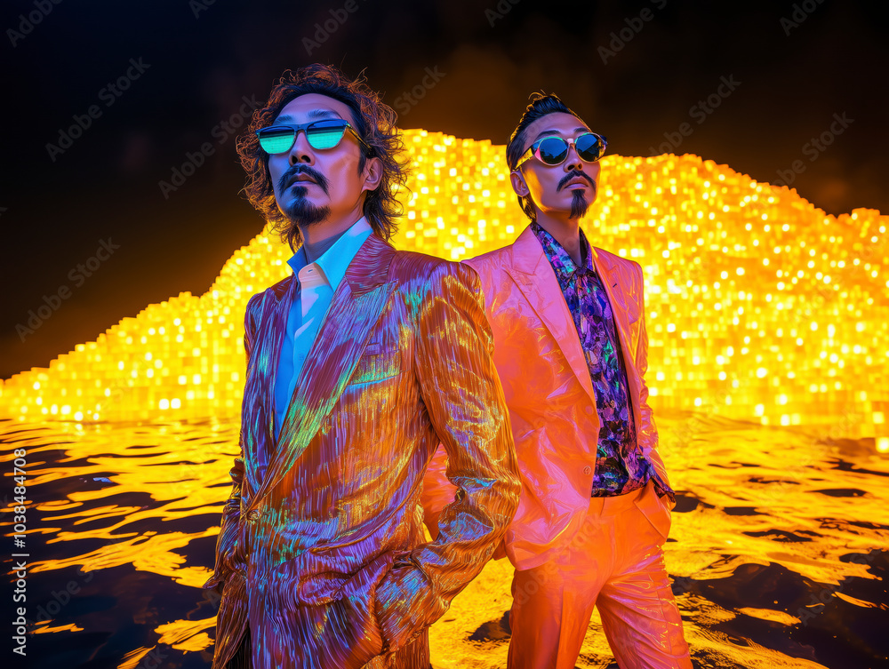 Two Asian businessmen, wearing extravagant suits, standing in a pool of ...