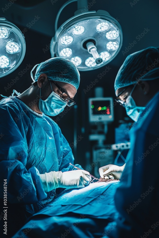 A hair transplant surgery in progress, with a surgeon wearing surgical ...