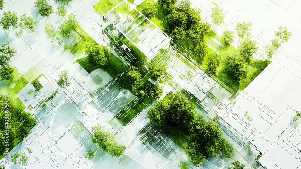 Architectural blueprints highlighting green construction techniques and sustainable building ...