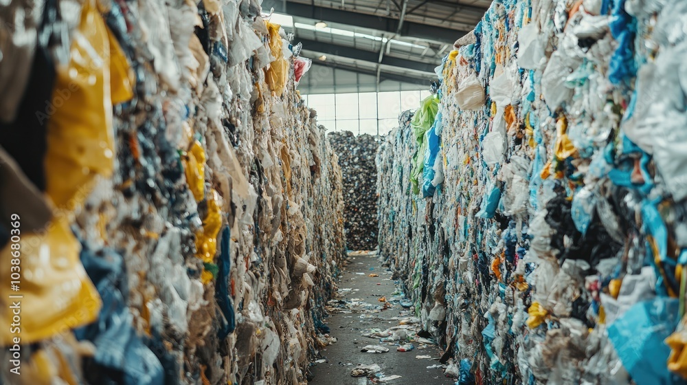 Mountains of discarded garments and textiles in a recycling facility, highlighting the ...