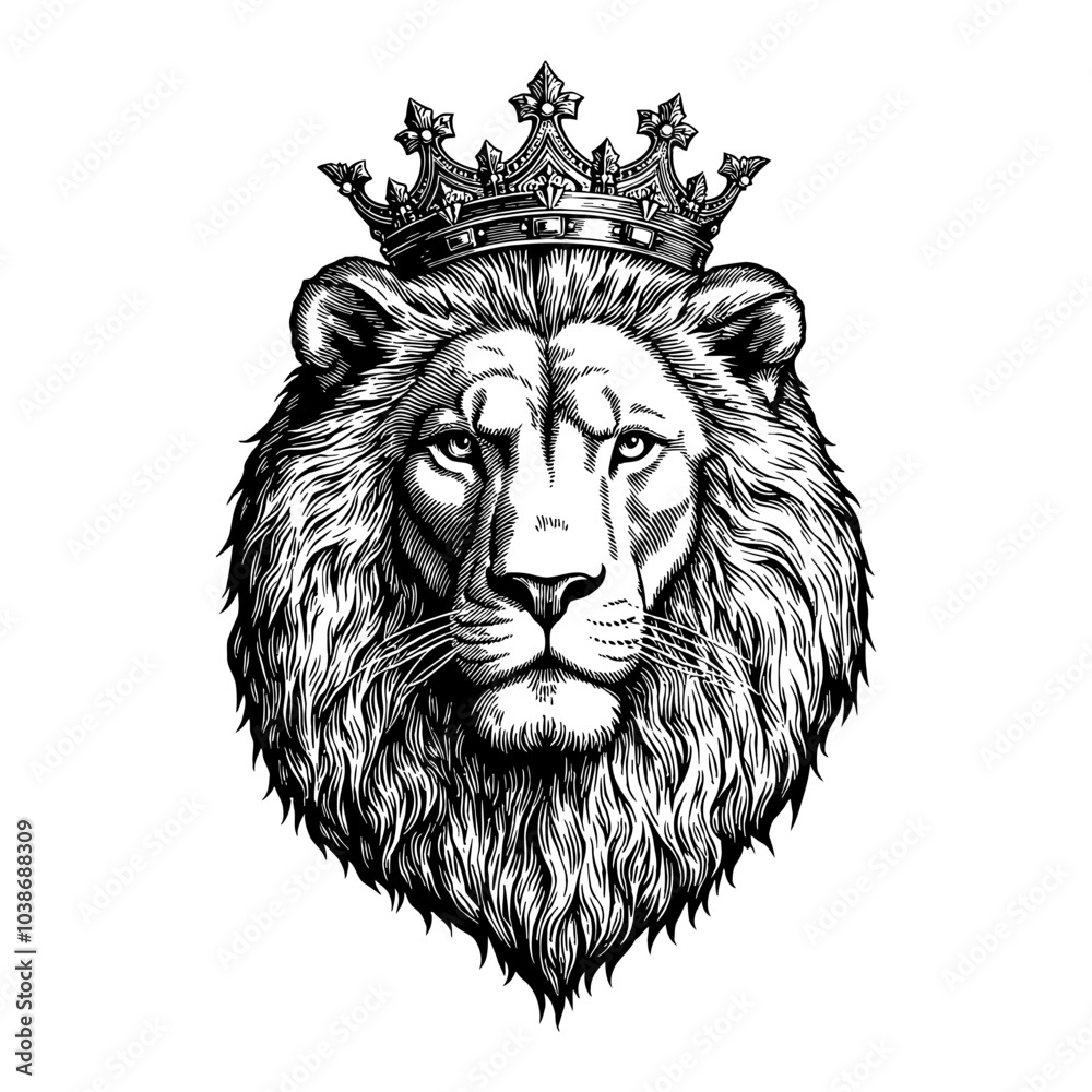 Regal Heraldic Lion with Crown in Black and White Outline Line Art ...