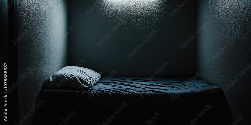 An empty bed in a solitary confinement cell for inmates in a prison ...