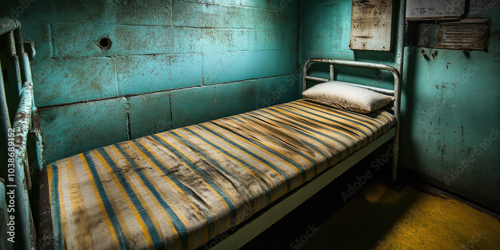 An empty bed in a solitary confinement cell for inmates in a prison ...