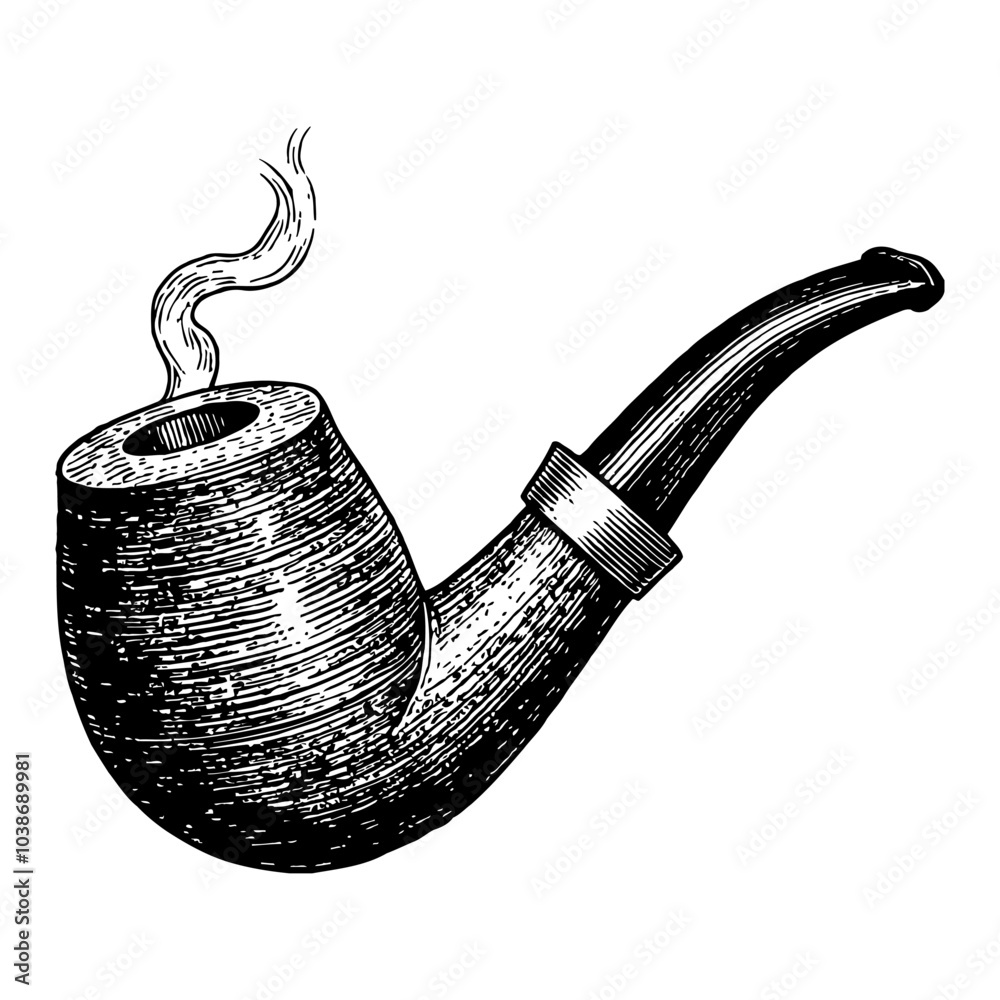 Vintage Smoking Pipe with Curved Design in Black and White Outline Line ...