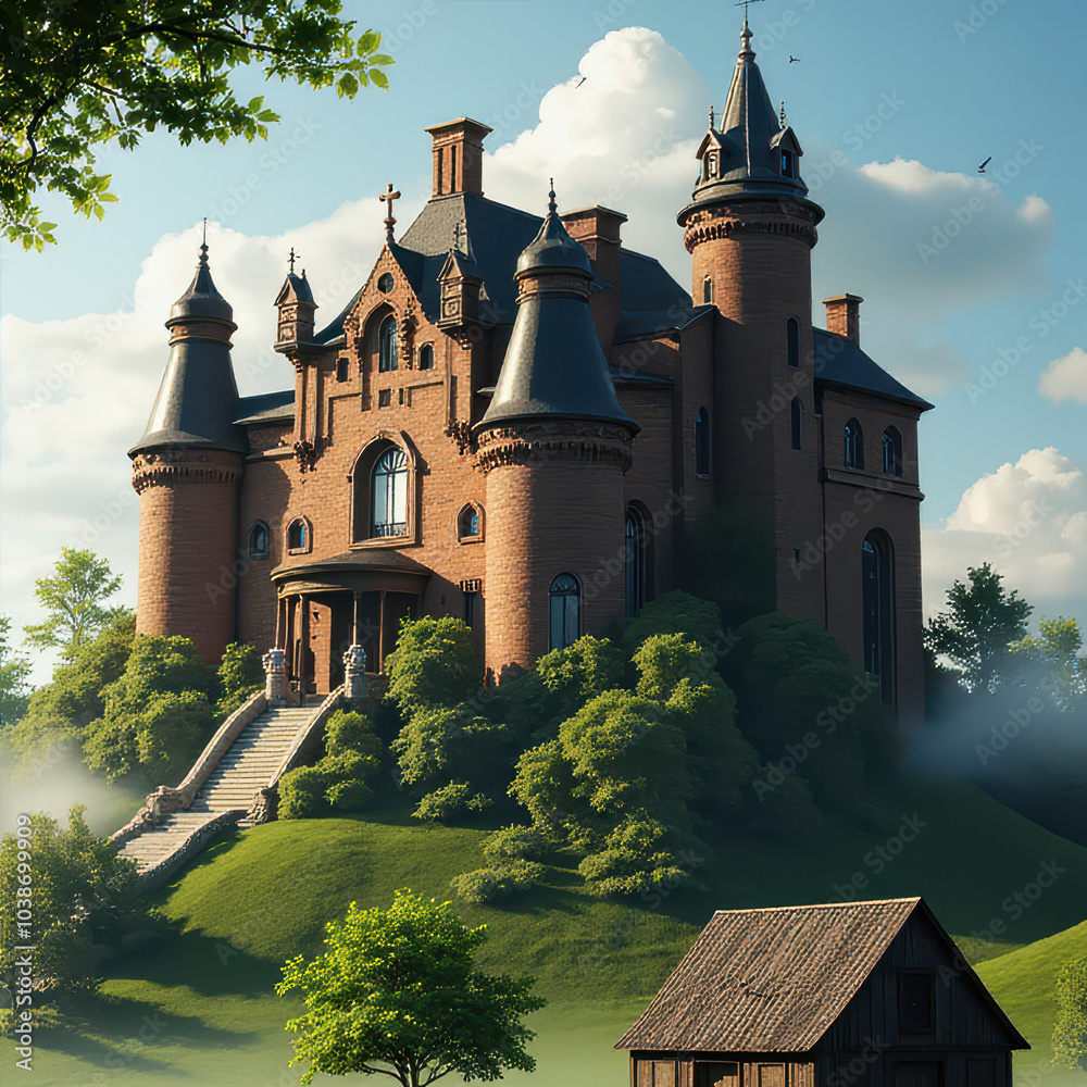 All three images show majestic castles with tall towers. The castles ...