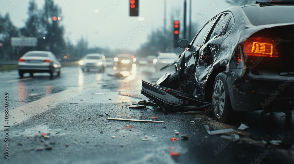 side impact car accident at an intersection, broken traffic signal ...