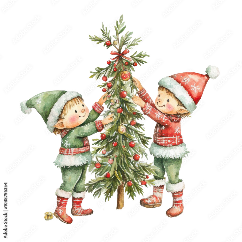 A pair of Christmas elves decorating a tree, watercolor illustration ...