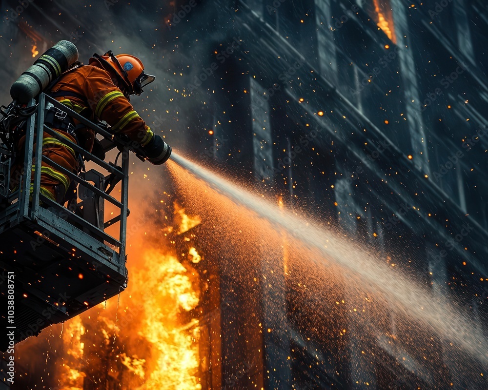 Firefighters in an aerial platform spraying water over a burning ...