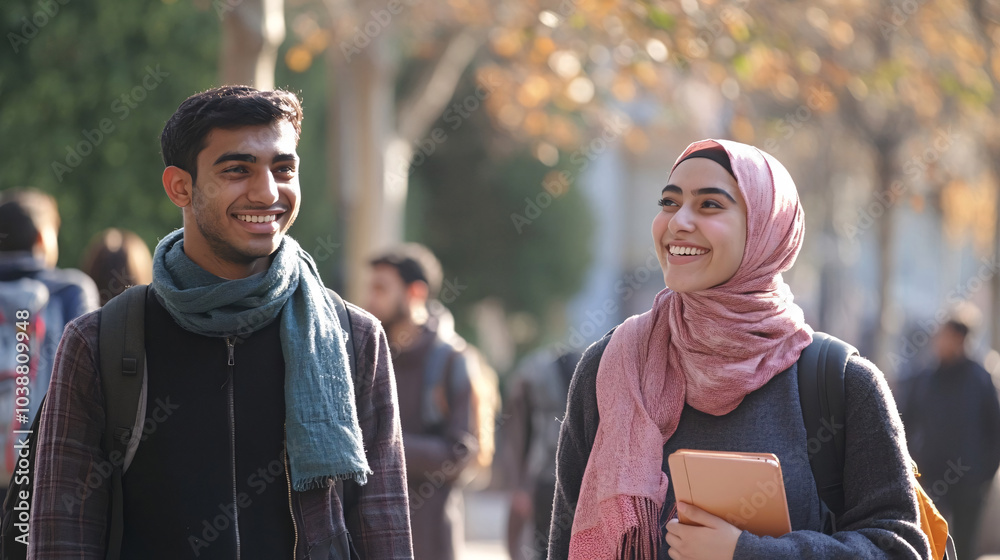 Happy international students walking together on campus, enjoying their ...