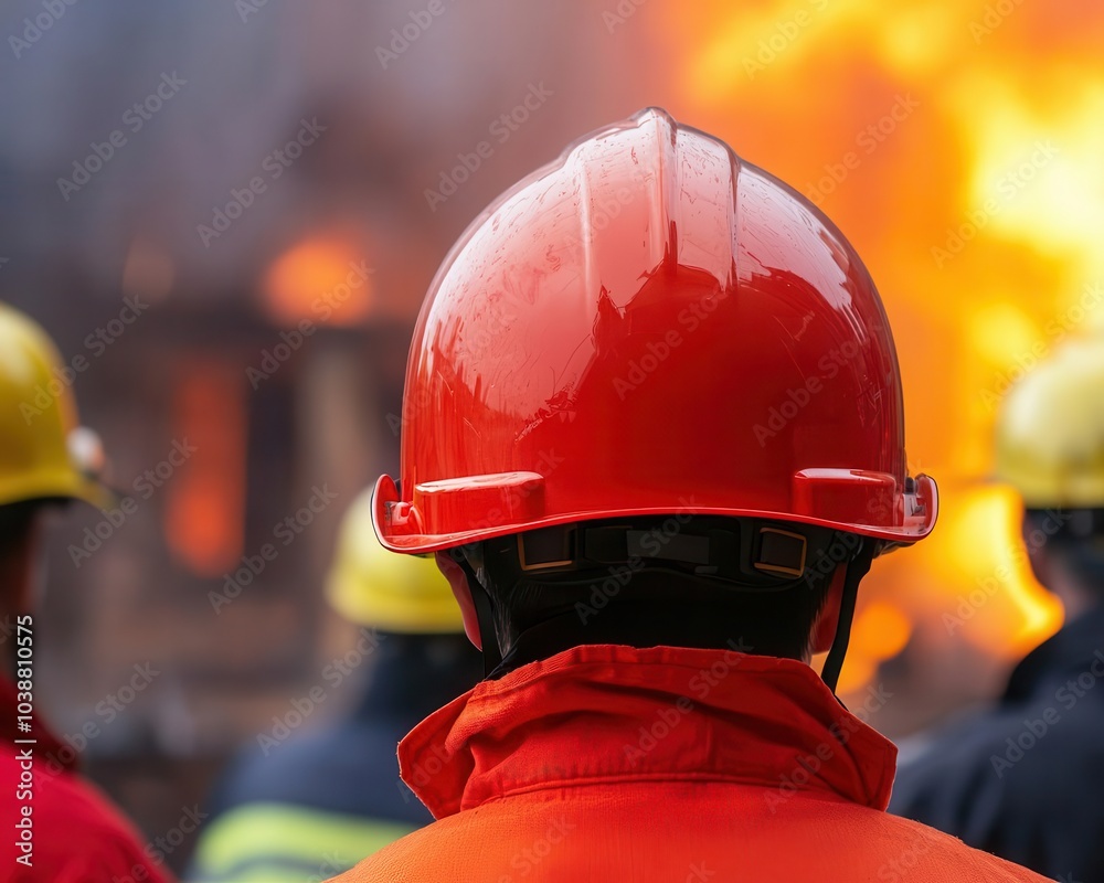 Firefighter coordinating with police officers at a fire scene, public ...