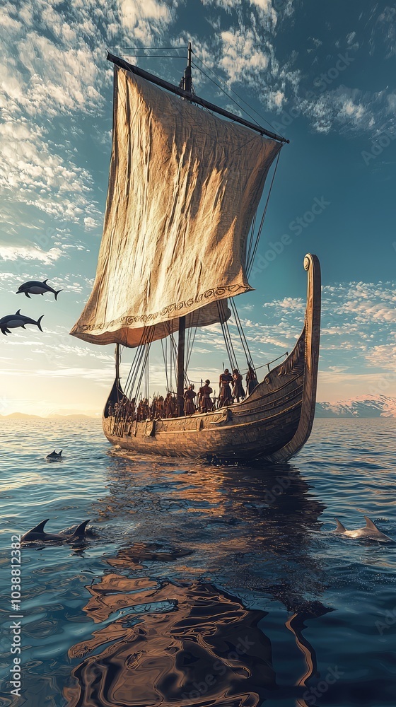 Ancient Greek Ship Sailing Across Calm Sea Stock Illustration | Adobe Stock