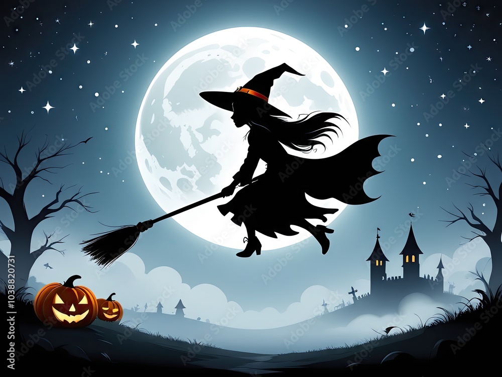 Spooky Halloween Witch Flying on Broomstick Against Full Moon with ...