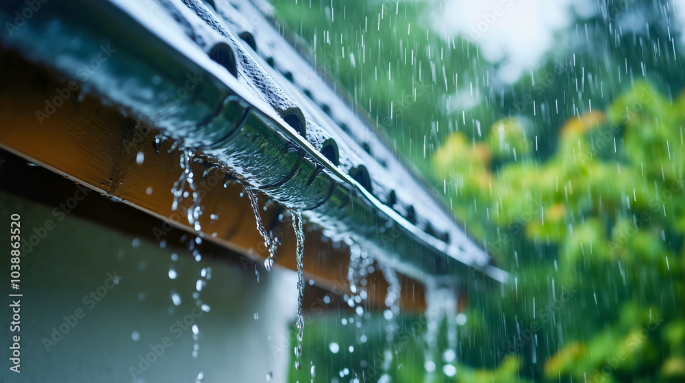 Closeup rainwater drainage system metal gutter and downspout on house ...