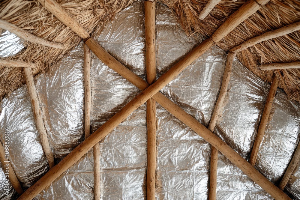 Insulated ceiling with thatched roof aluminum foil beneath for heat ...