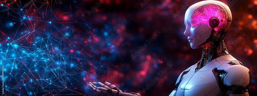 3D humanoid AI robot metaverse cyberspace digital world background ...
