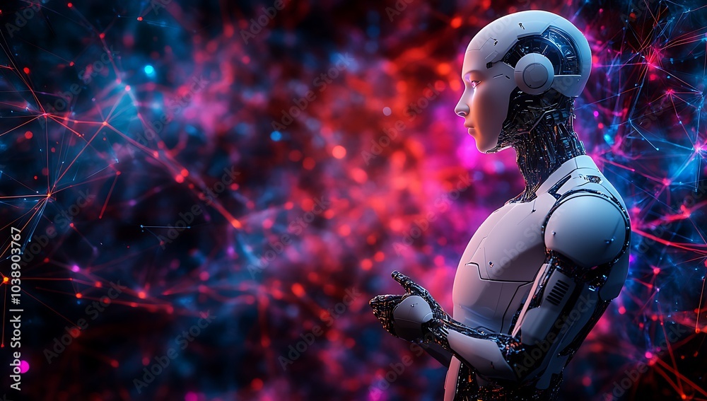 3D humanoid AI robot metaverse cyberspace digital world background ...